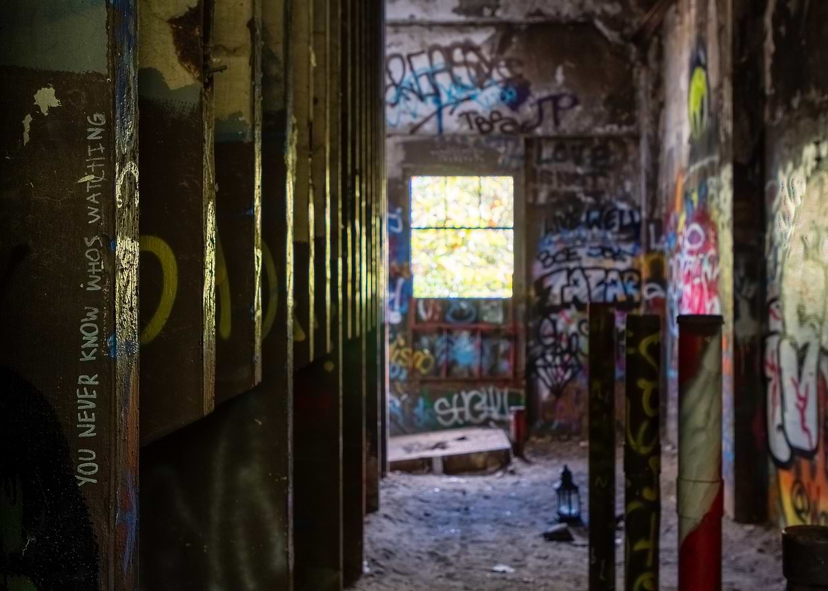 'Graffiti-covered abandoned building interior' Poster, picture, metal ...