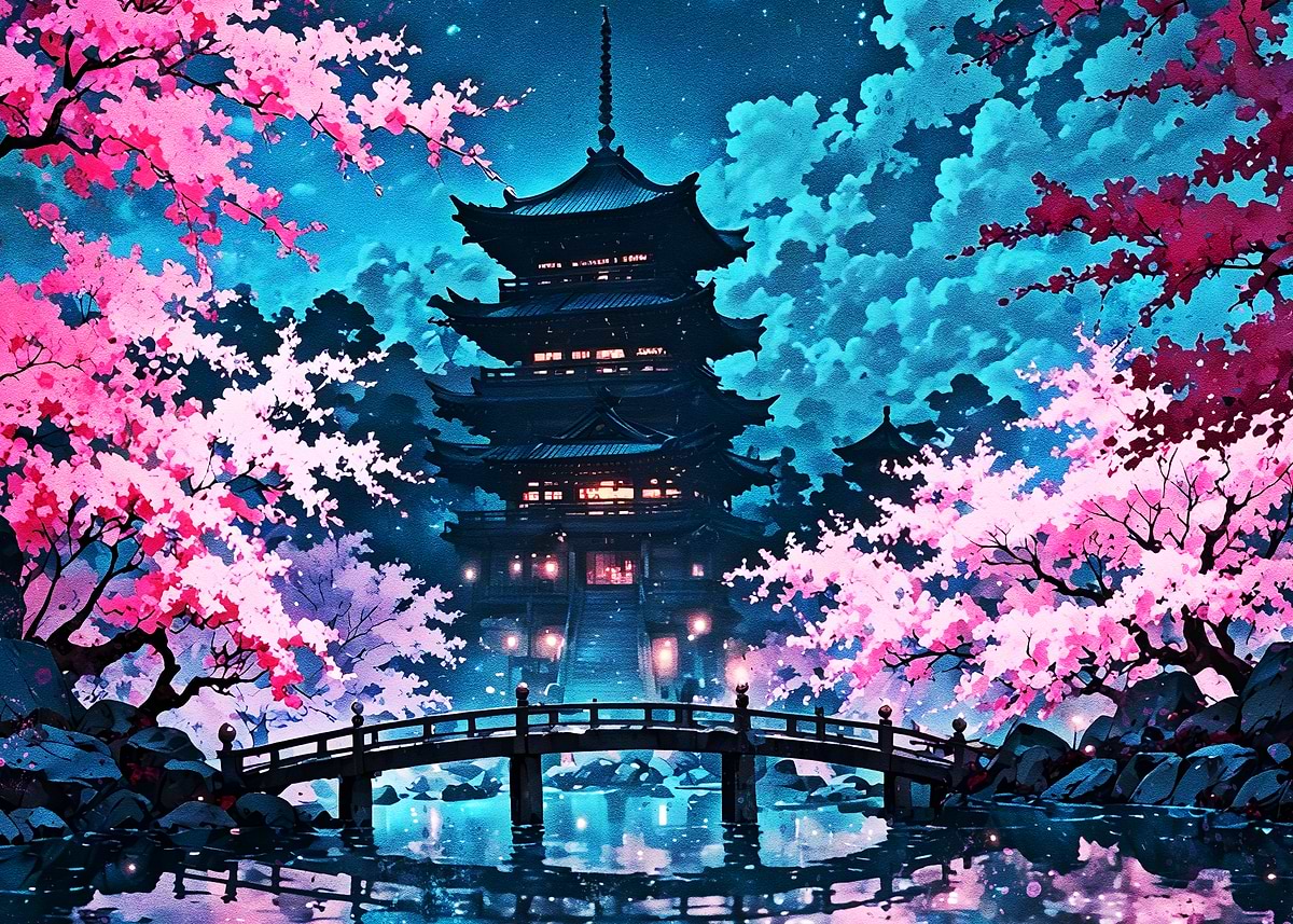 'Japanese Pagoda with Cherry Blossoms' Poster, picture, metal print ...