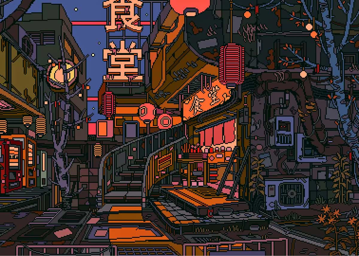 'Pixel Art Japanese Street Scene' Poster, picture, metal print, paint ...
