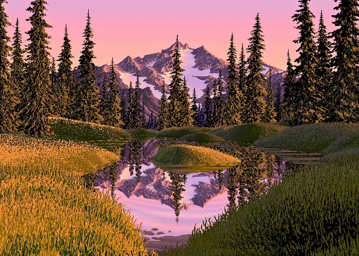 'Pixel Art Mountain Lake Reflection Landscape' Poster, picture, metal ...