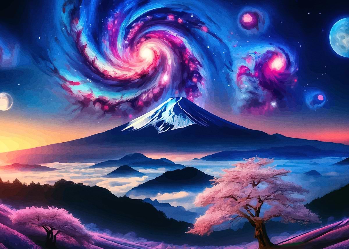 'Mount Fuji and Cosmic Sky' Poster, picture, metal print, paint by ...