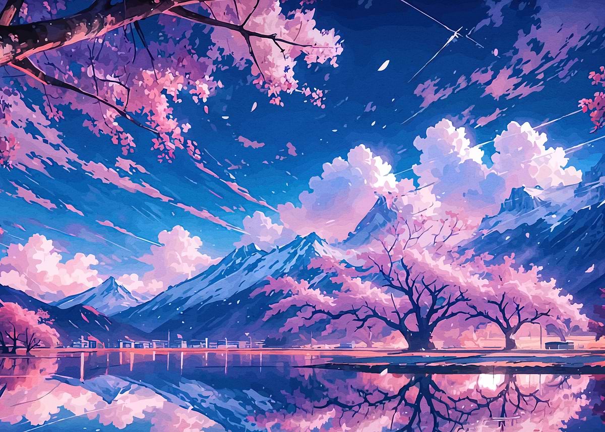 'Cherry Blossom Landscape Mountain' Poster, picture, metal print, paint ...