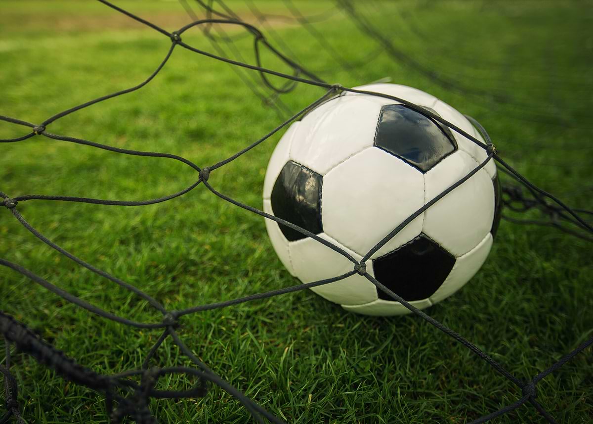 'Soccer ball in net on grass' Poster, picture, metal print, paint by ...