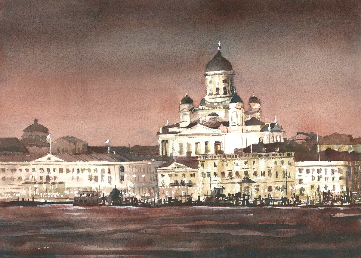 'Helsinki Cathedral Watercolor Painting' Poster, picture, metal print ...
