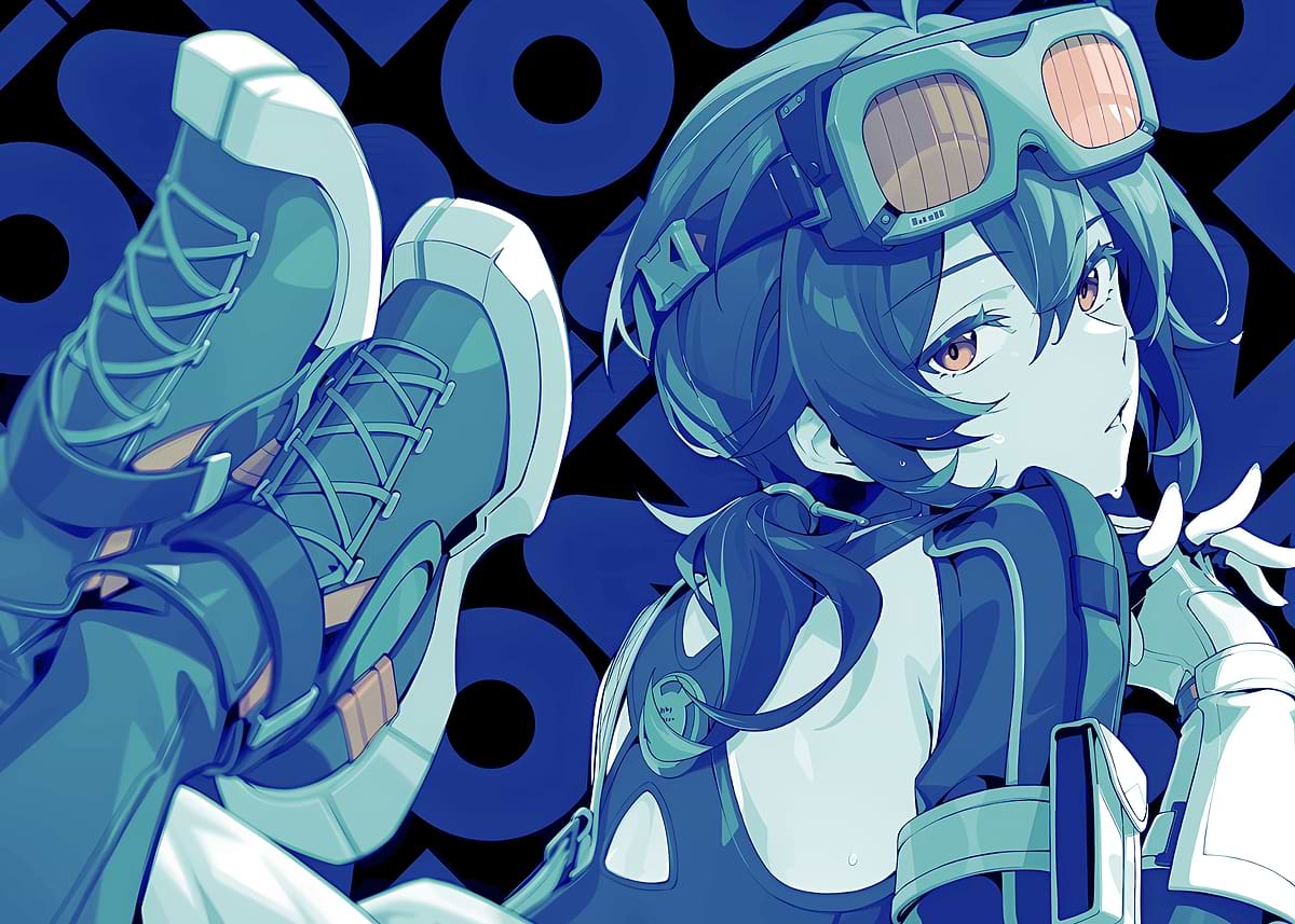 'Anime Girl with Goggles and Blue Background' Poster, picture, metal ...