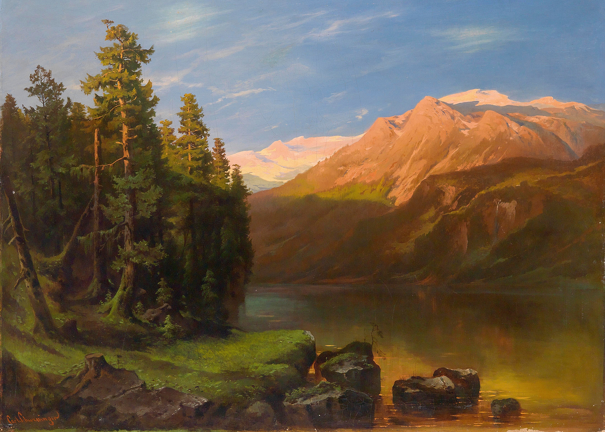 'Alpine Lake and Mountain Landscape Painting' Poster, picture, metal ...