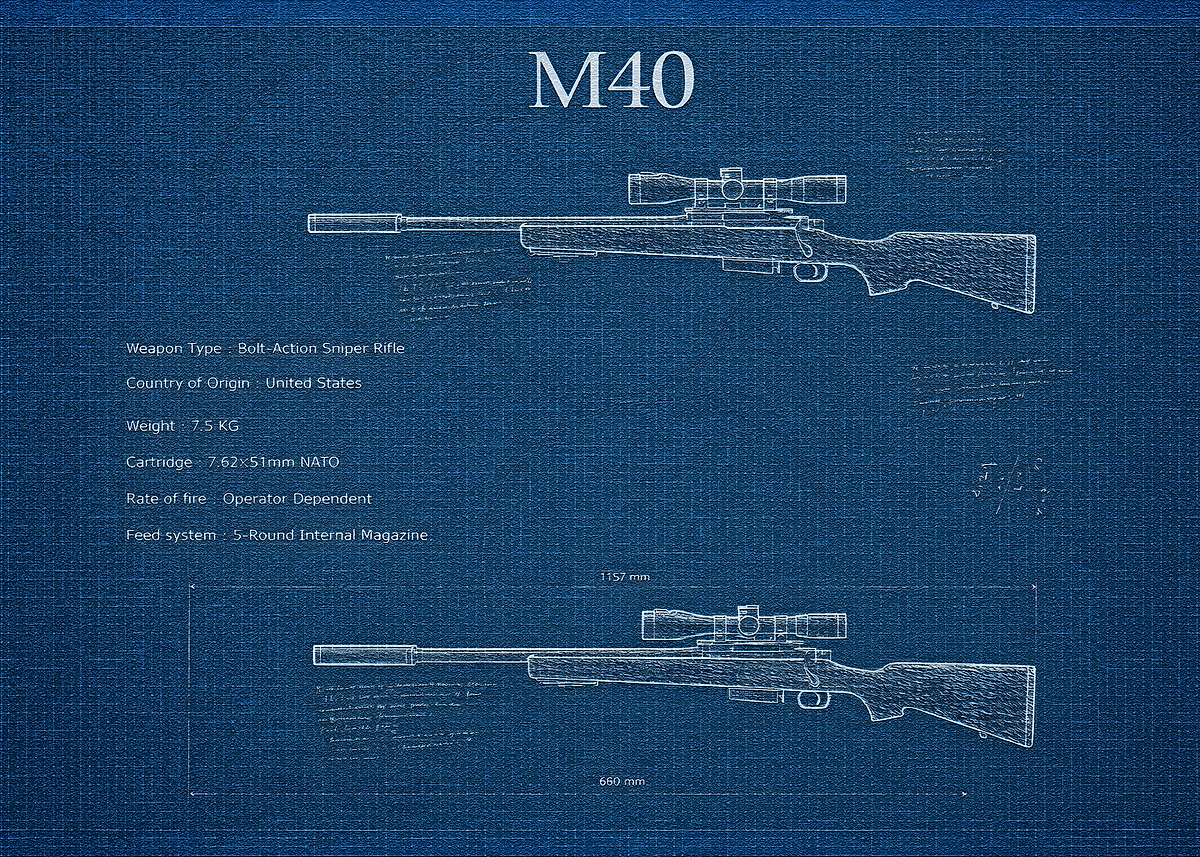 'M40 Sniper Rifle Blueprint' Poster, picture, metal print, paint by ...