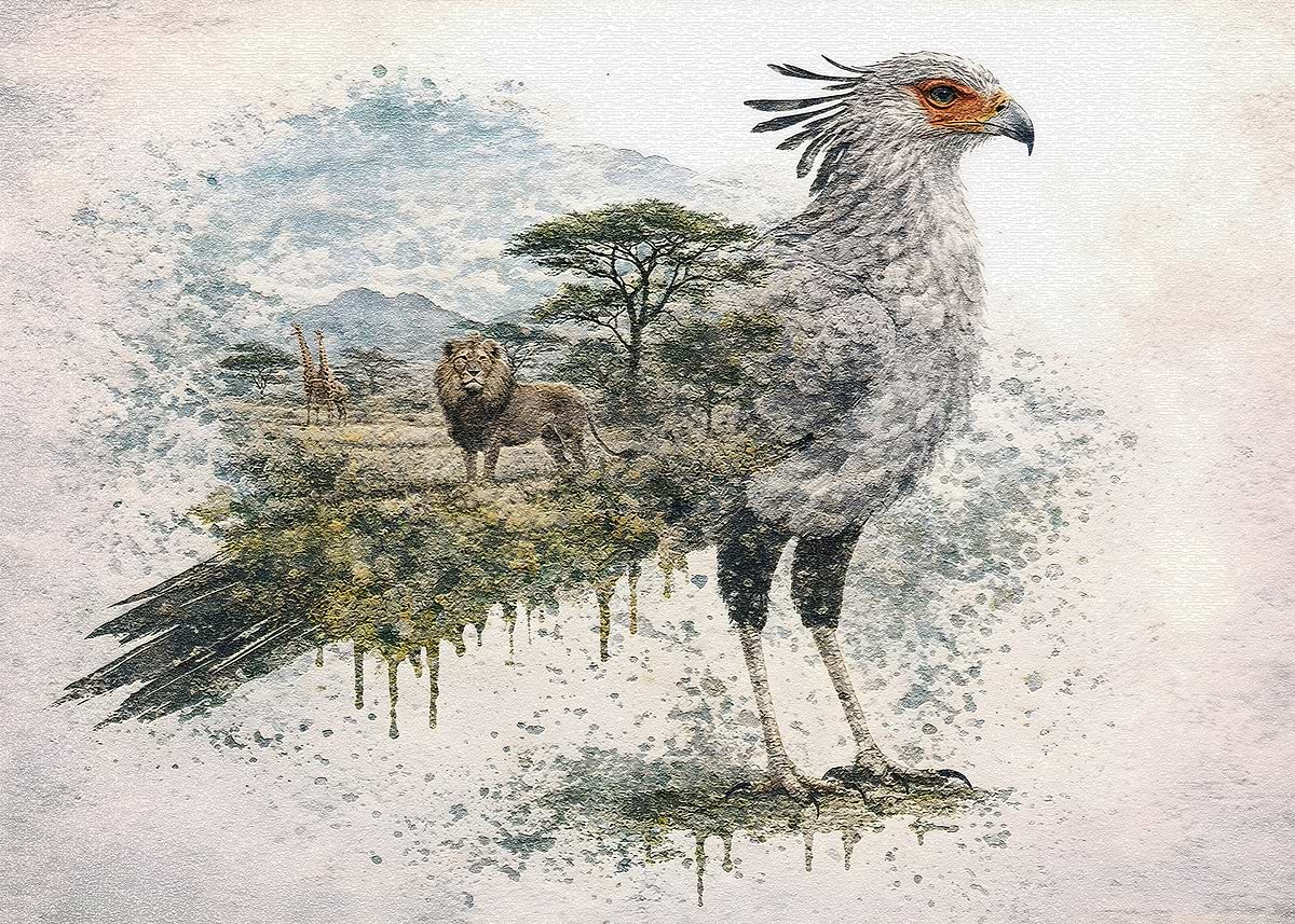 'Secretary Bird with African Landscape Overlay' Poster, picture, metal ...