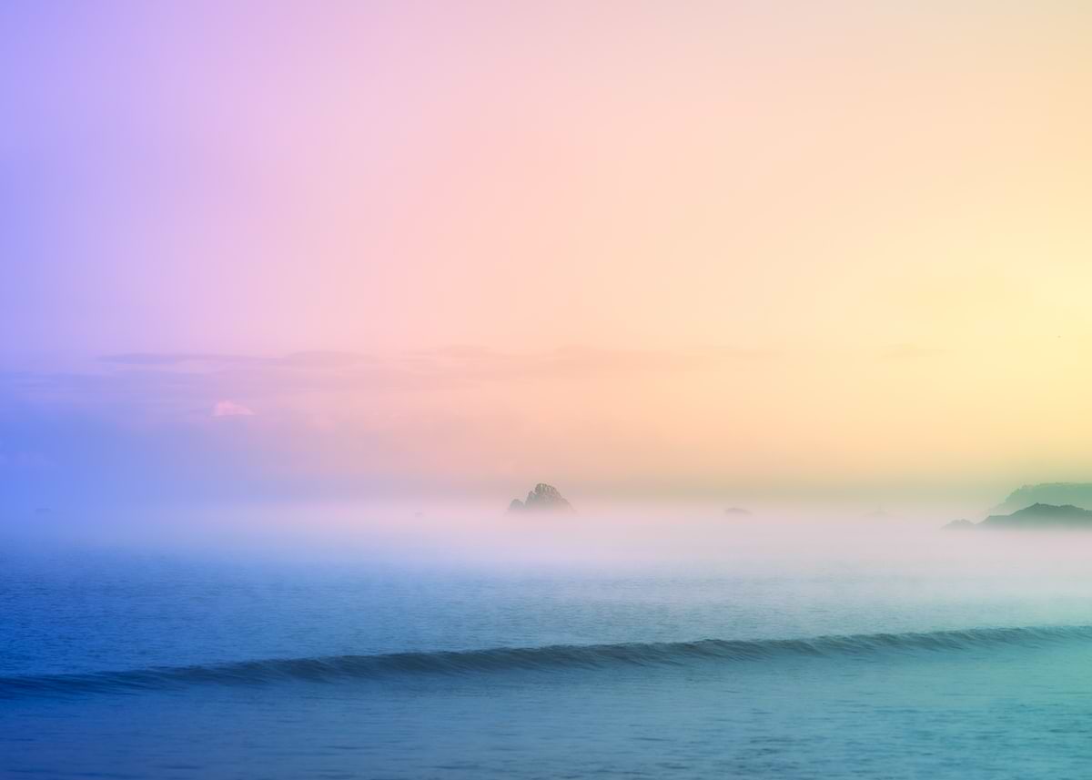 'Misty Ocean Sunrise with Pastel Sky' Poster, picture, metal print ...