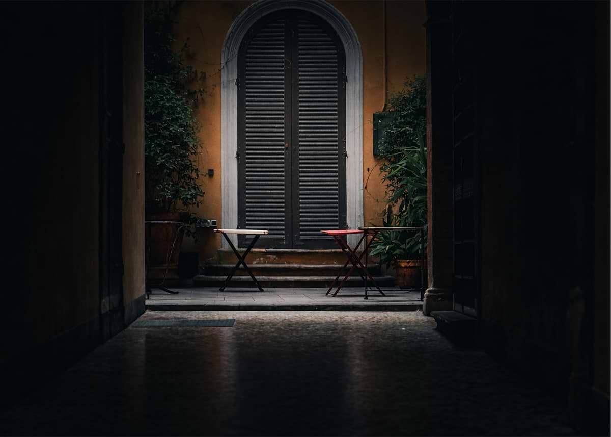 'Outdoor Cafe Seating by Arched Door' Poster, picture, metal print ...