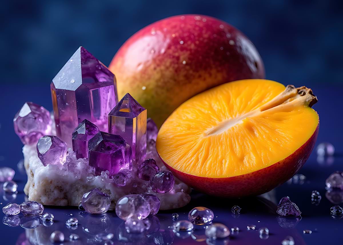 'Amethyst Crystals and Mango Slice' Poster, picture, metal print, paint ...