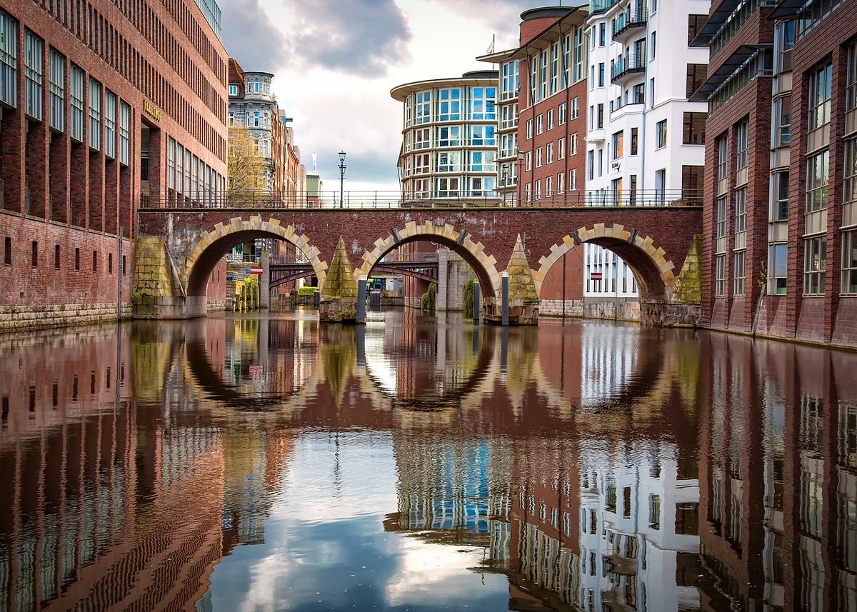 'City Canal with Arched Bridge Reflection' Poster, picture, metal print ...