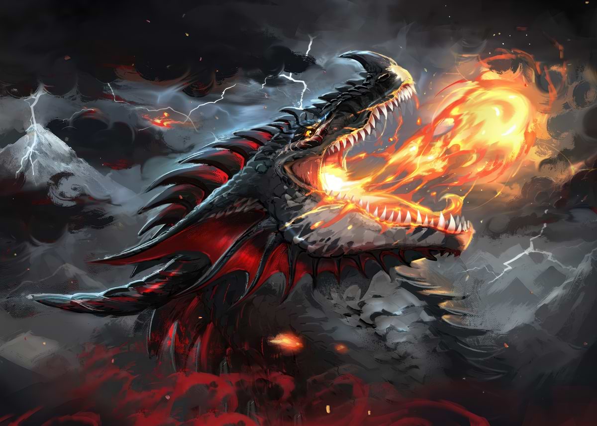 'Dragon breathing fire in a storm' Poster, picture, metal print, paint ...
