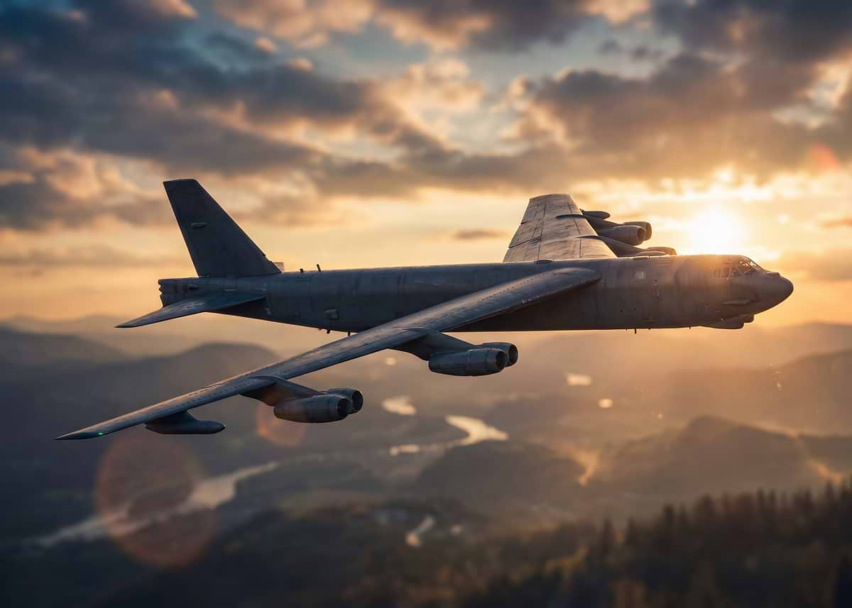 'B-52 Bomber Flying at Sunset' Poster, picture, metal print, paint by ...