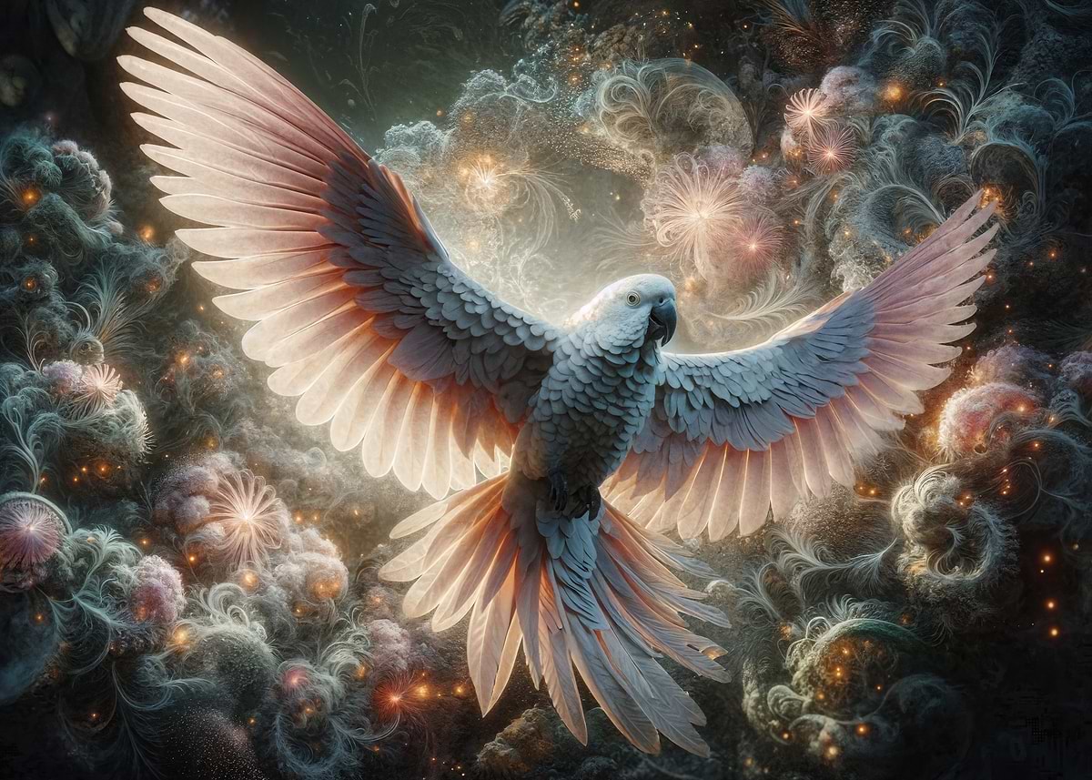 'Majestic Parrot in Cosmic Bloom' Poster, picture, metal print, paint ...