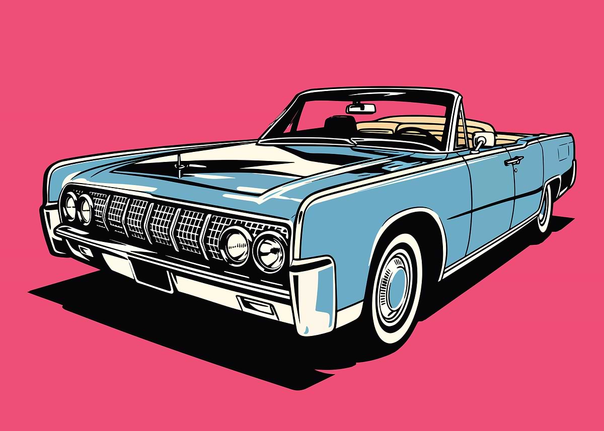 'Retro Blue Convertible Car' Poster, picture, metal print, paint by ...