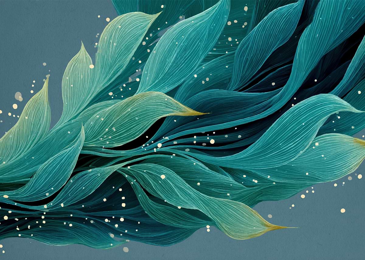'Abstract flowing teal and green leaves with glitter' Poster, picture ...