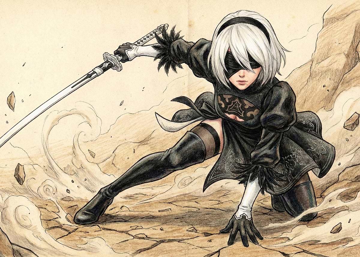 '2B with Sword in Desert' Poster, picture, metal print, paint by Knight ...