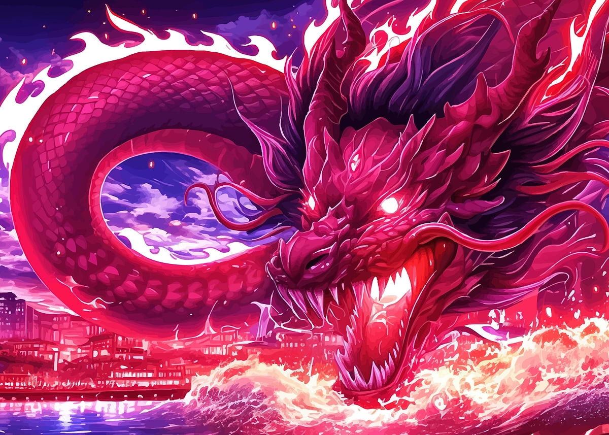 'Fiery Red Dragon Over Cityscape' Poster, picture, metal print, paint ...