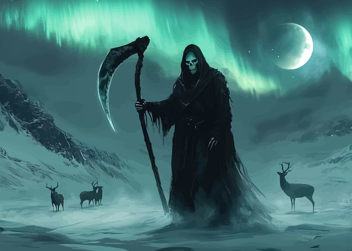 'Grim Reaper in Snowy Landscape' Poster, picture, metal print, paint by ...