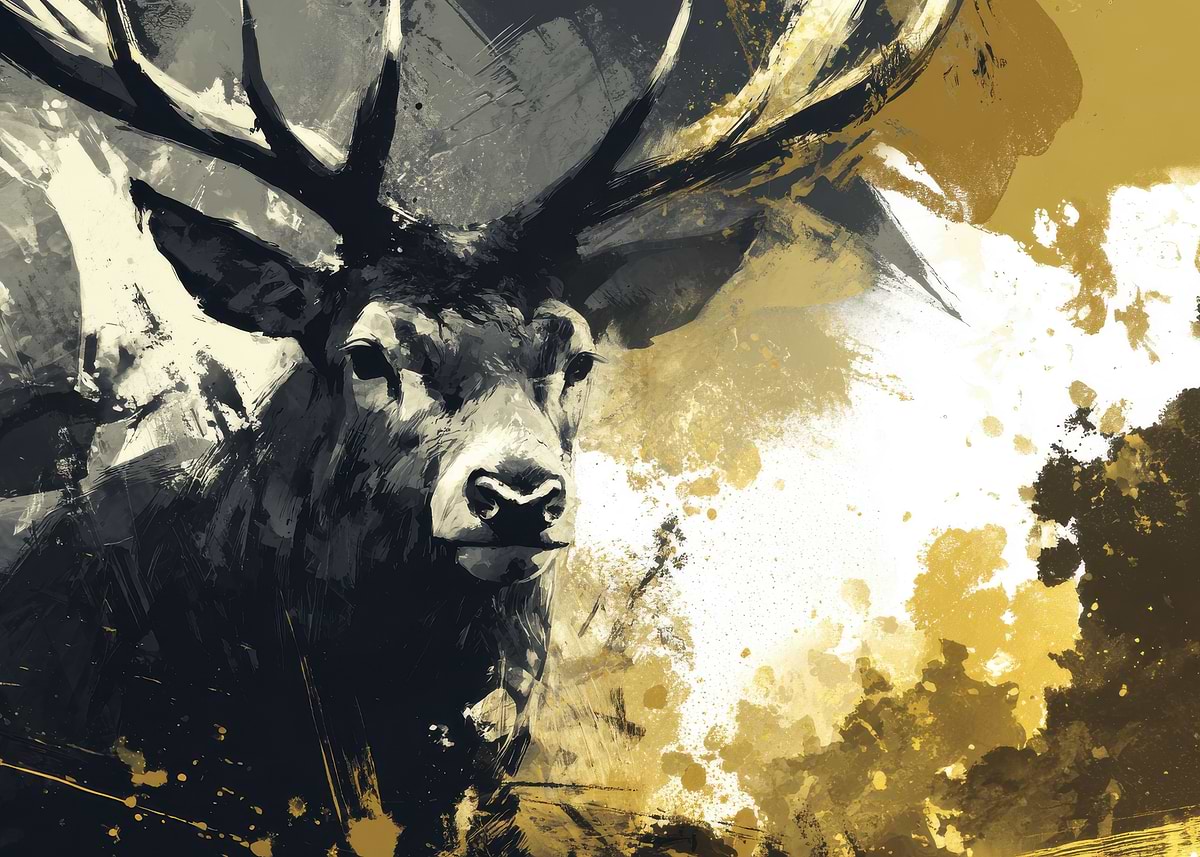 'Abstract Digital Art Deer with Golden Splatter' Poster, picture, metal ...