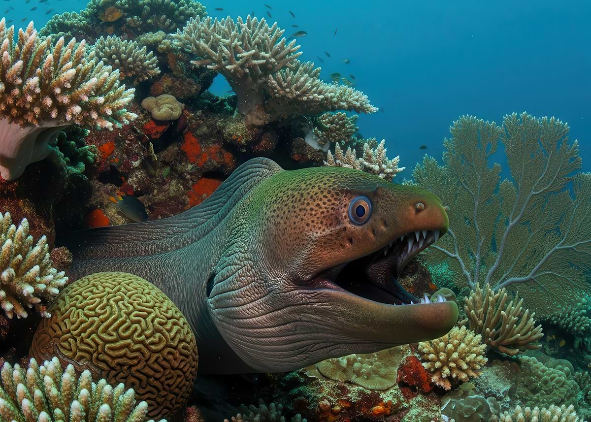 'Moray Eel in Coral Reef' Poster, picture, metal print, paint by ...