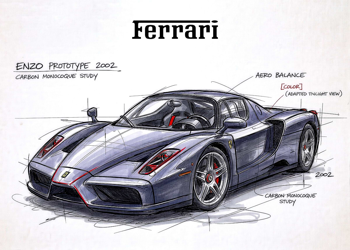 'Ferrari Enzo Prototype Sketch' Poster, picture, metal print, paint by ...