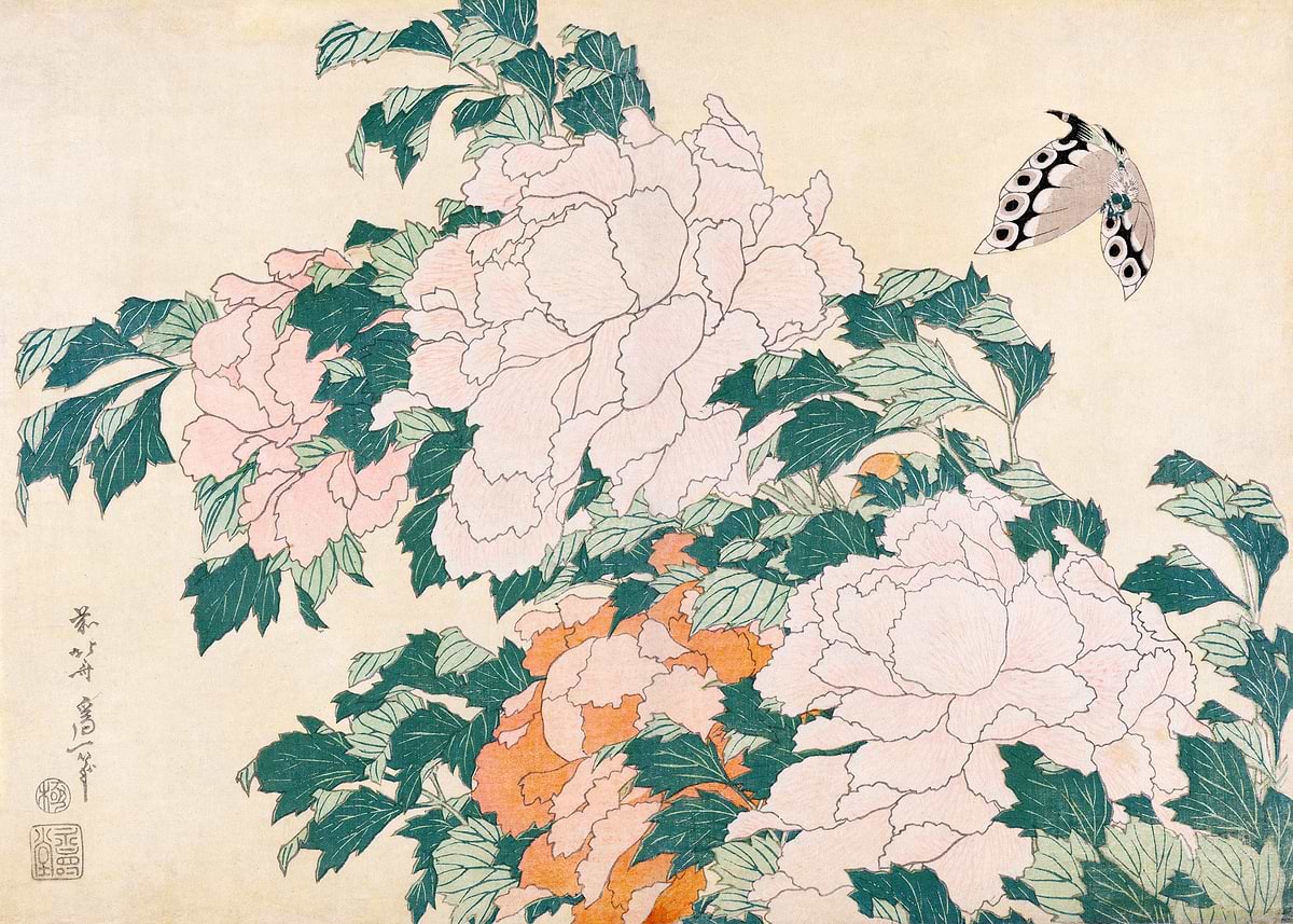 'Peonies and Butterfly - Katsushika Hokusai' Poster, picture, metal ...