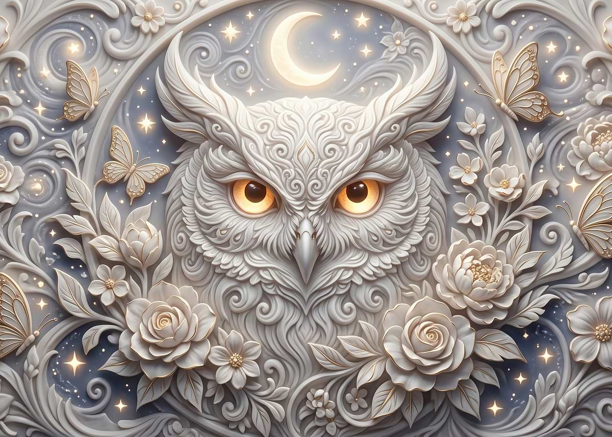 'Enchanting White Owl with Moon and Butterflies' Poster, picture, metal ...
