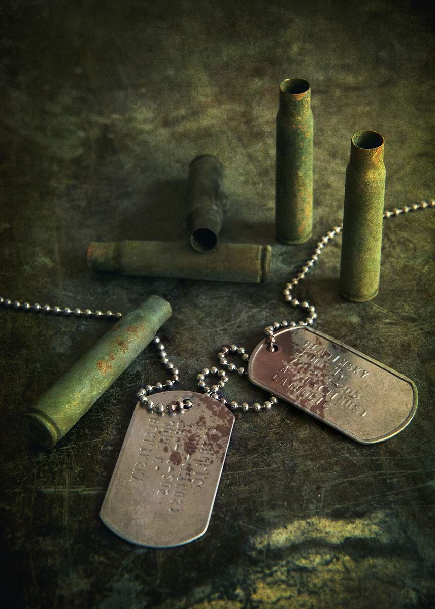 'Still life with bullets and dogtags.' Poster, picture, metal print ...