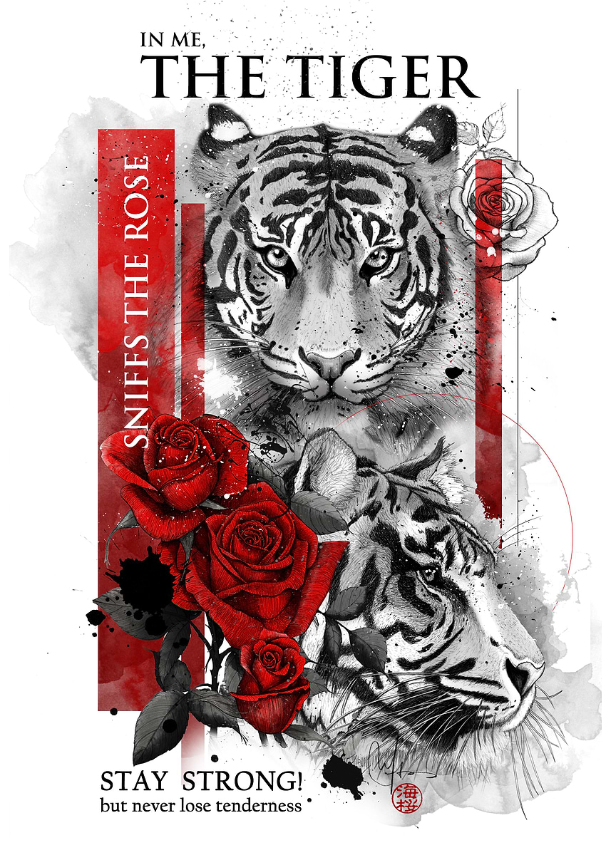 'In Me, the Tiger sniffs the rose' Poster, picture, metal print, paint ...
