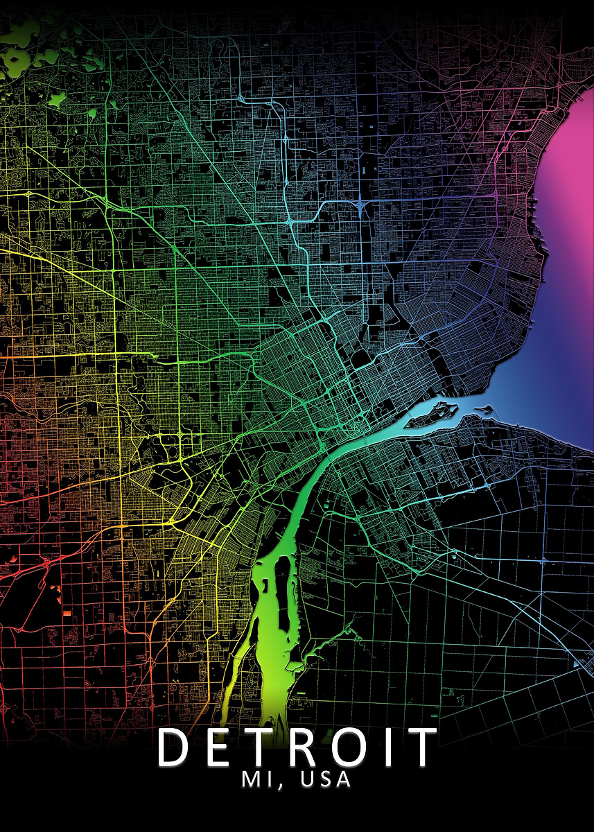 'Detroit Rainbow City Map' Poster, picture, metal print, paint by City ...