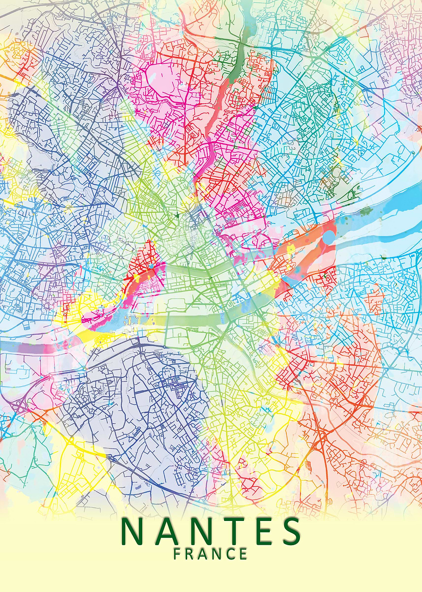 'Nantes Splash City Map' Poster, picture, metal print, paint by City ...