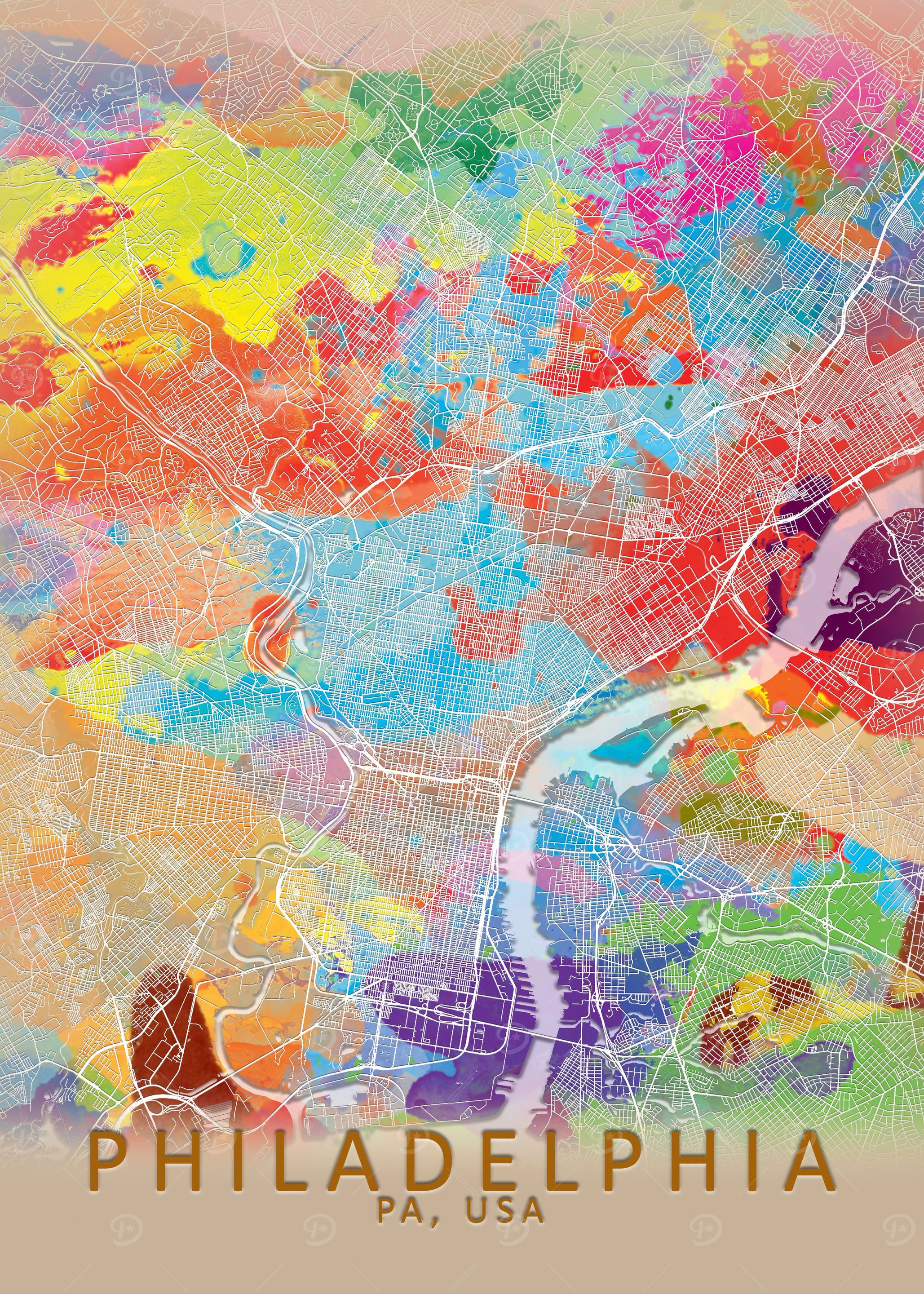 'Philadelphia Splash Map' Poster, picture, metal print, paint by City ...