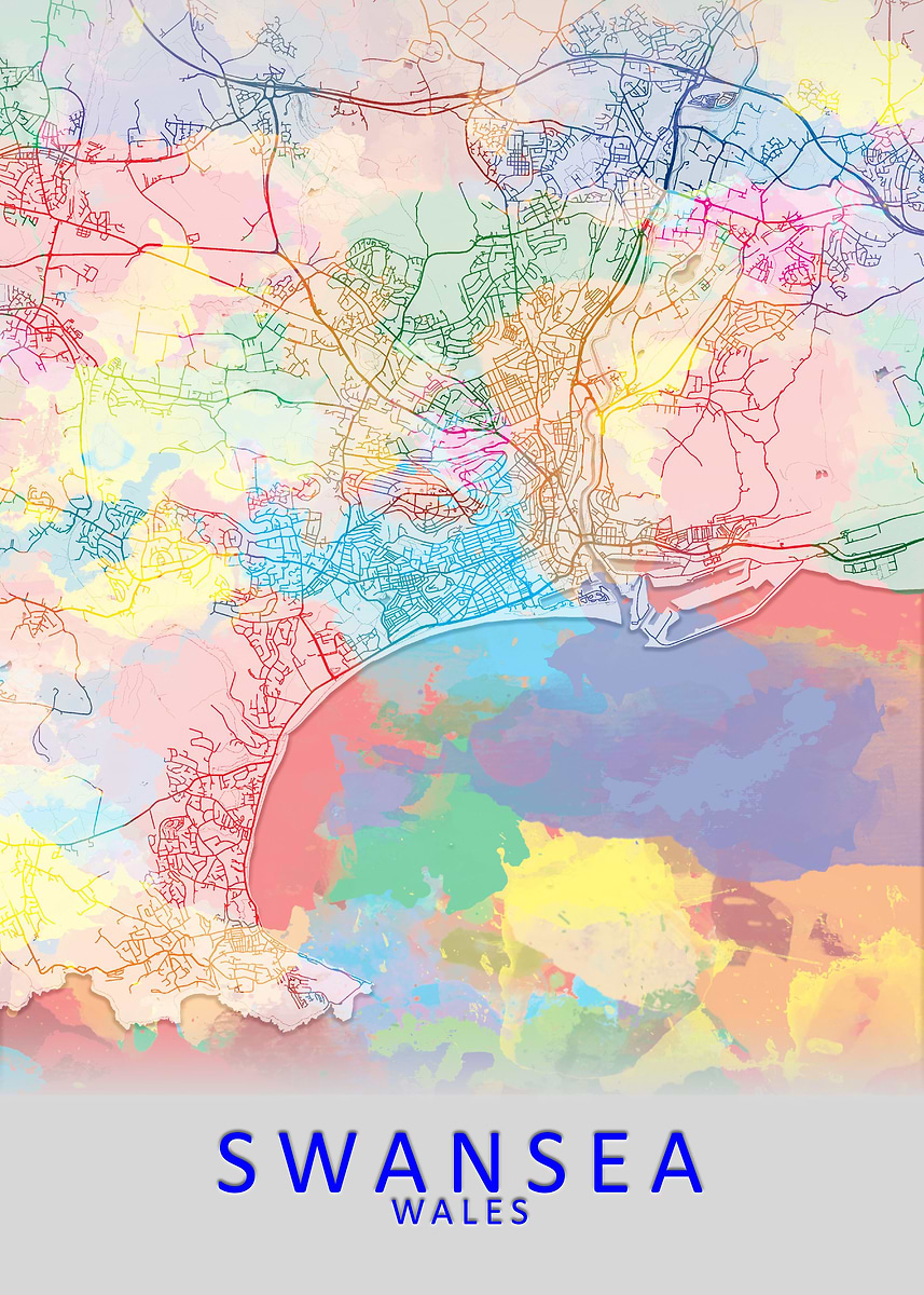 'Swansea Splash City Map' Poster, picture, metal print, paint by City ...