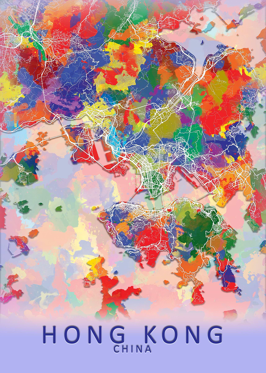 'Hong Kong Splash City Map' Poster, picture, metal print, paint by City ...