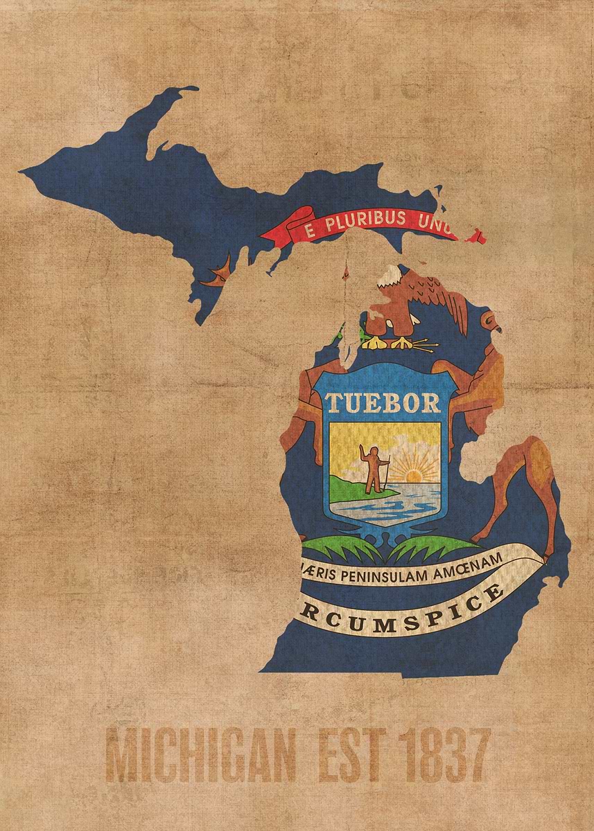 'Michigan State Flag Map' Poster, picture, metal print, paint by Design ...