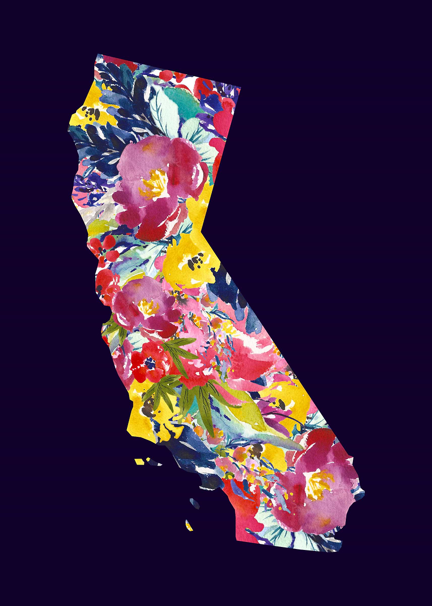 'floral California state' Poster, picture, metal print, paint by ...