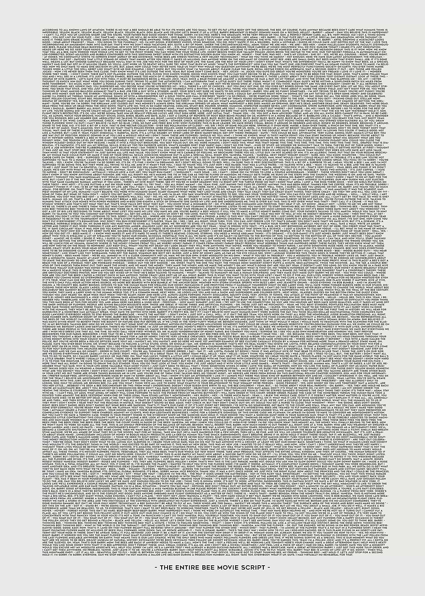 'The Bee movie script' Poster, picture, metal print, paint by ...