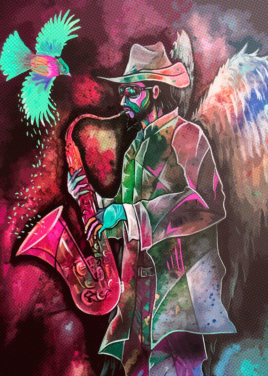 'Angel sax ' Poster, picture, metal print, paint by Ricardo Maya | Displate
