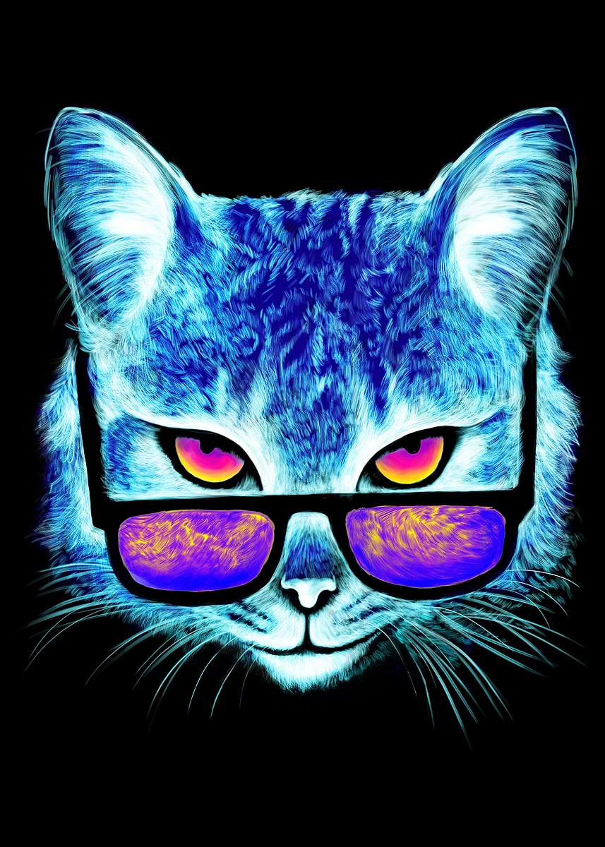 'Neon Cat with Sunglasses' Poster, picture, metal print, paint by ...
