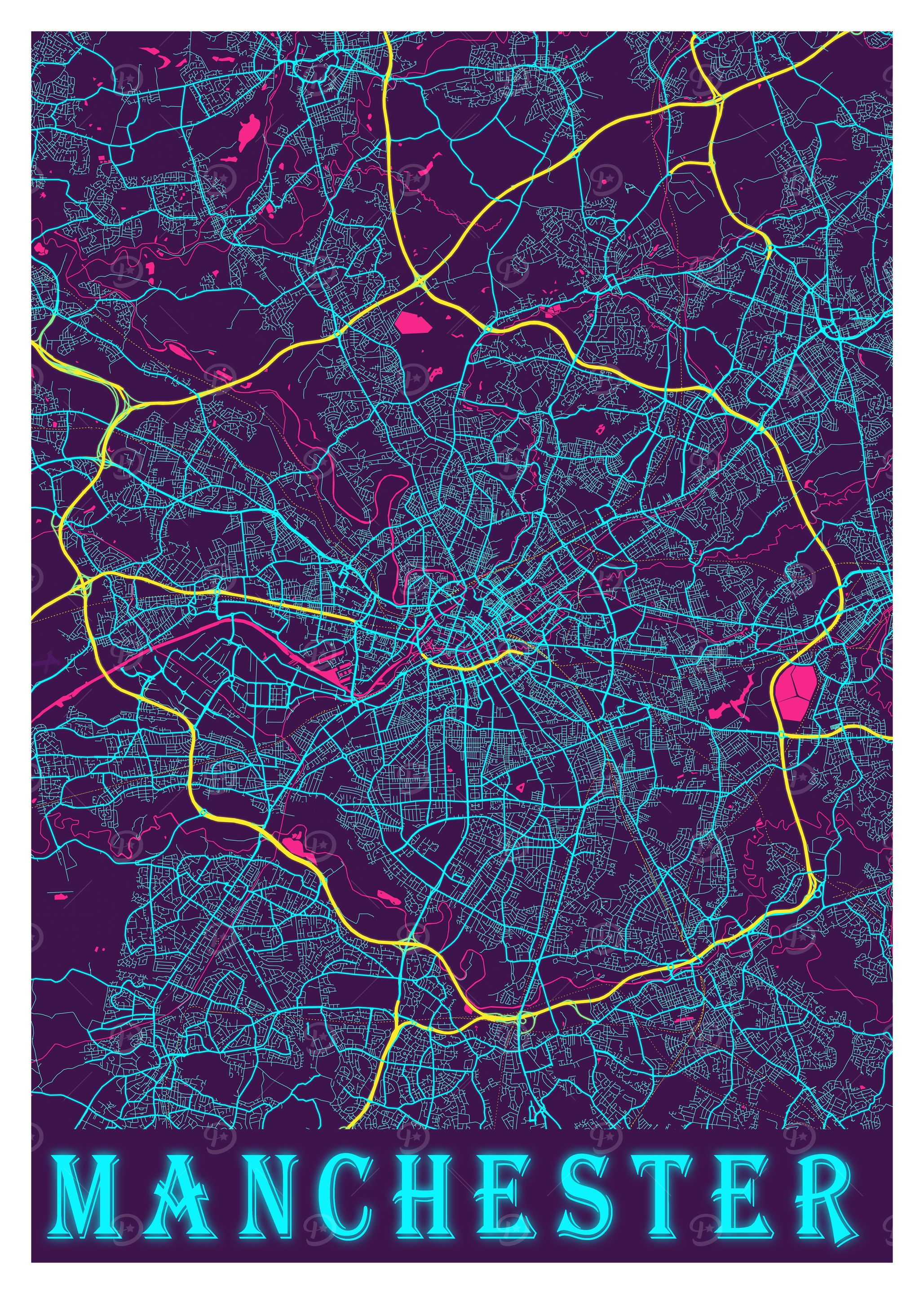'Manchester Neon City Map' Poster, picture, metal print, paint by Tien ...