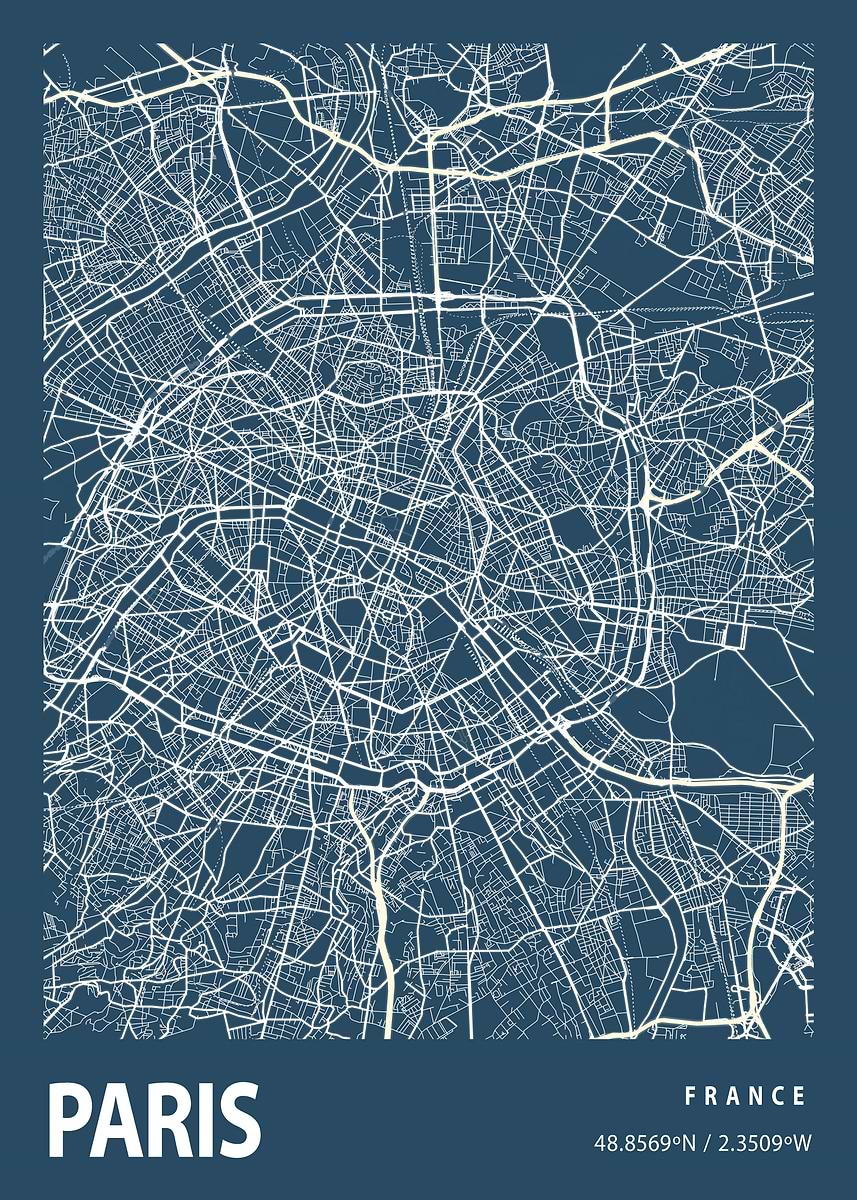 'Paris Blueprint Street Map' Poster, picture, metal print, paint by ...