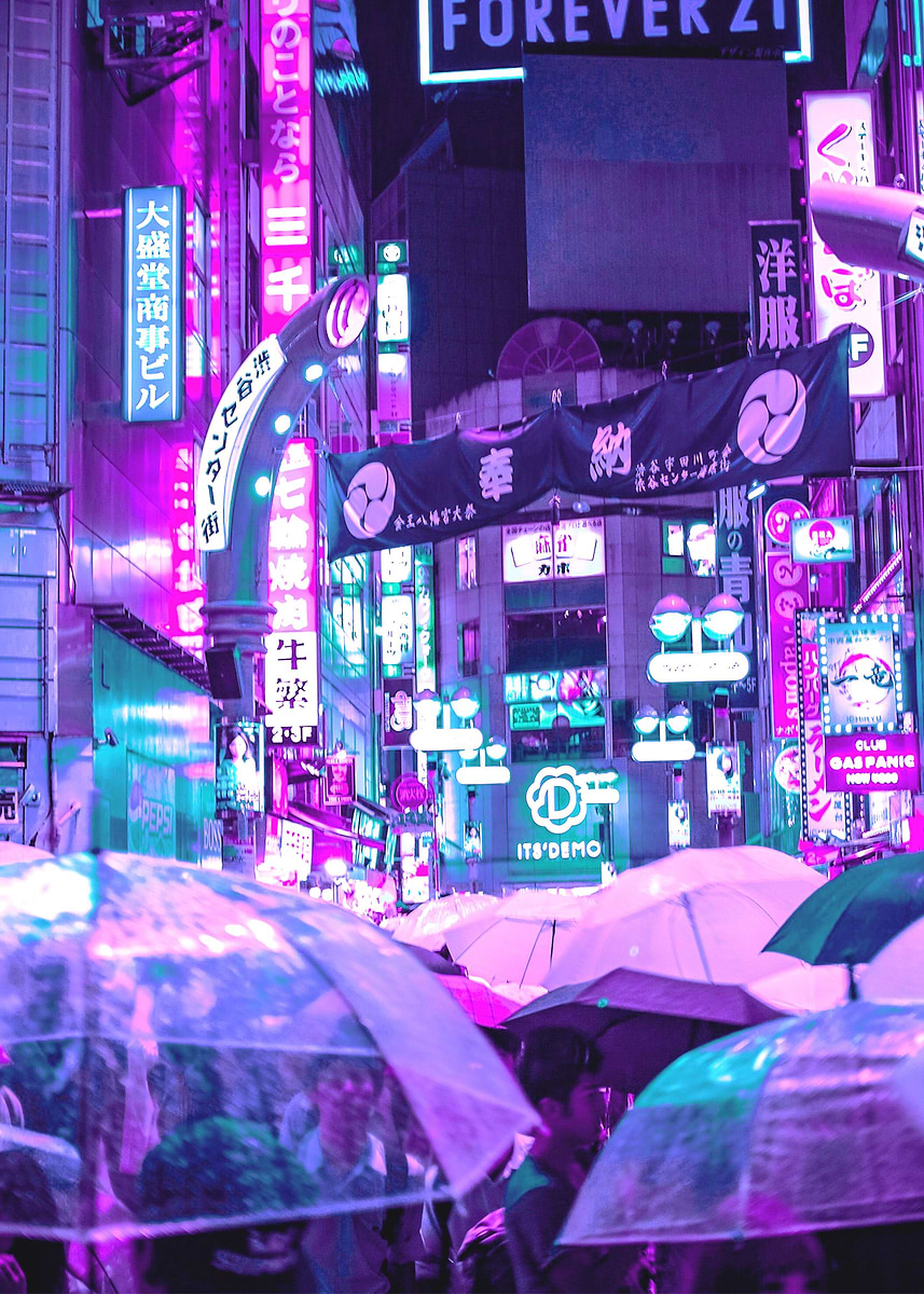 'JAPAN RAIN NEON' Poster, picture, metal print, paint by Exhozt | Displate
