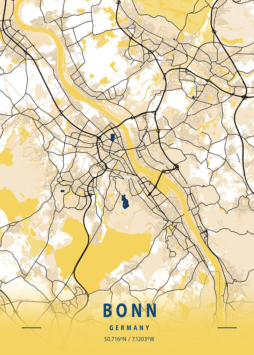 'Bonn Yellow City Map' Poster, picture, metal print, paint by Tien ...
