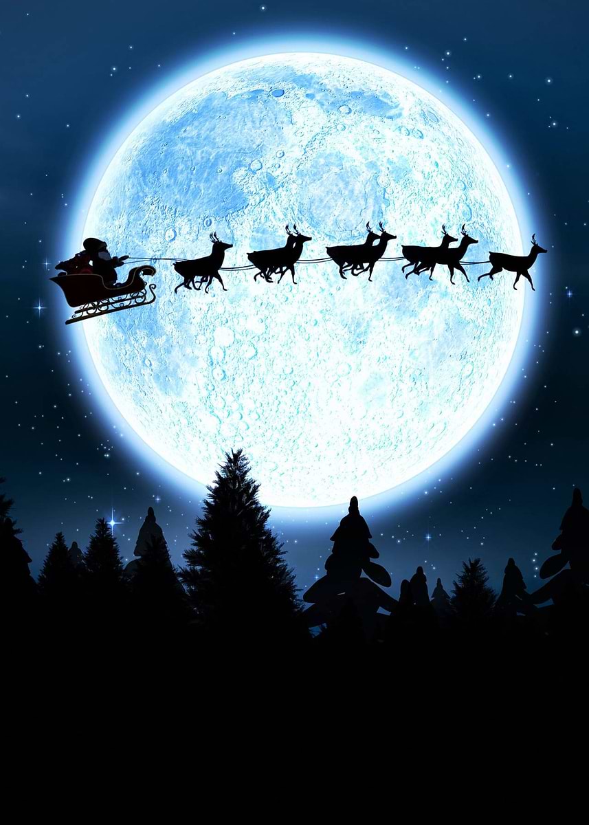 'Santa Reindeer Sleigh Fly' Poster, picture, metal print, paint by ...