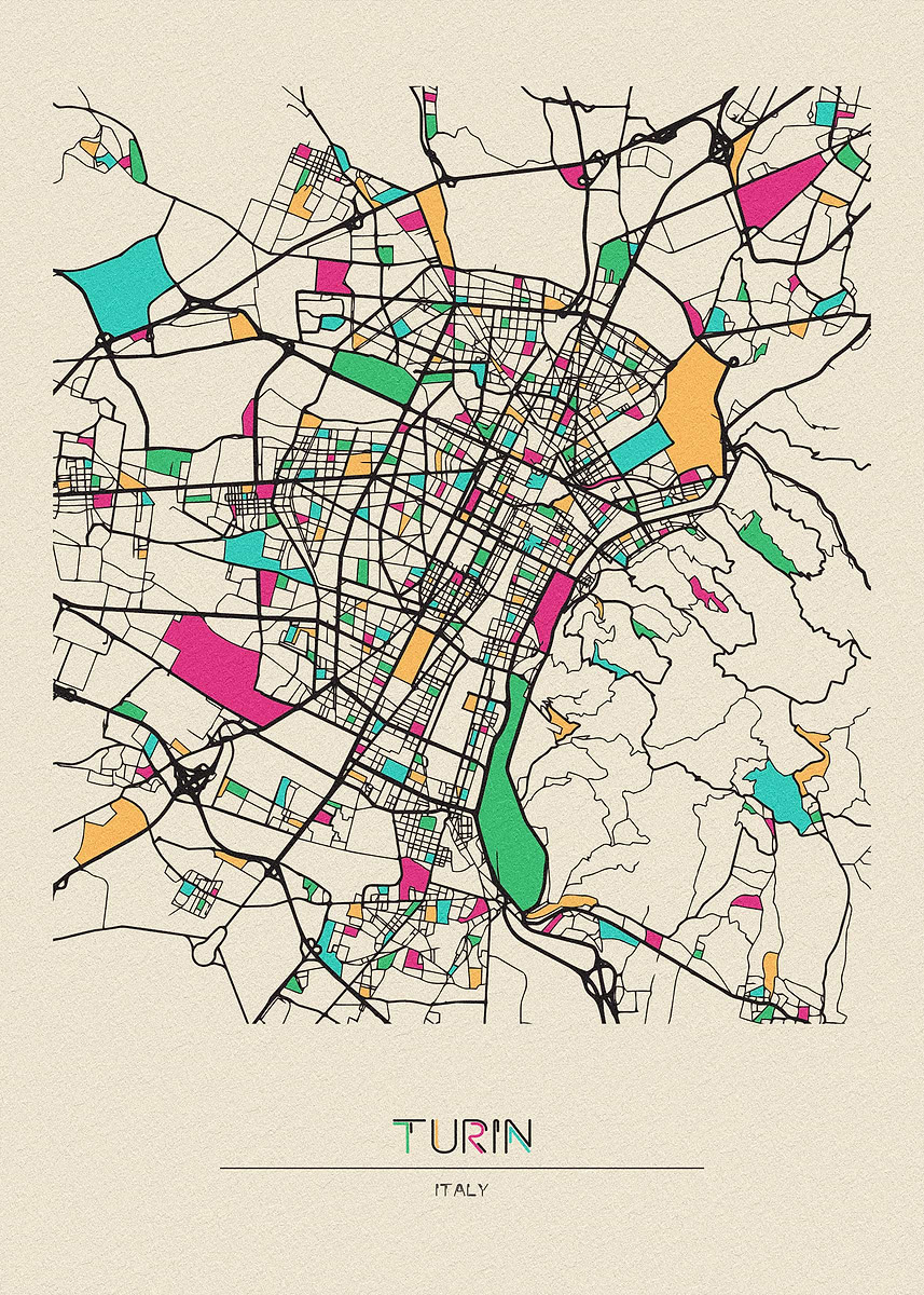 'Turin Map' Poster, picture, metal print, paint by Deniz A. | Displate