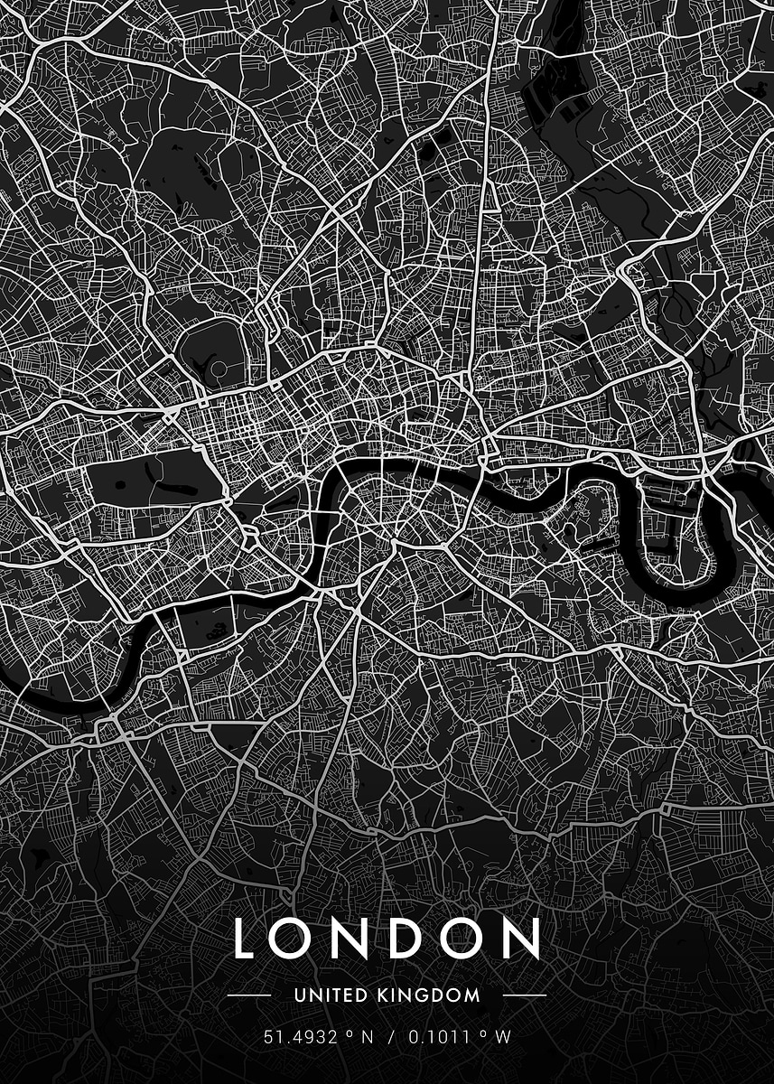 'London City Map Dark' Poster, picture, metal print, paint by MVDZ ...