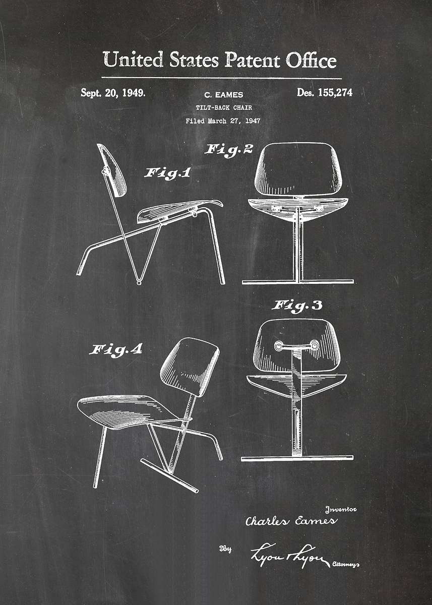 '37 Eames Chair Patent Pri' Poster, picture, metal print, paint by ...