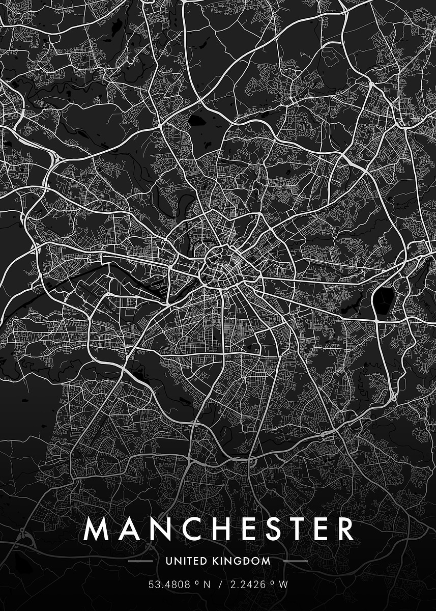 'Manchester City Map Dark' Poster, picture, metal print, paint by MVDZ ...